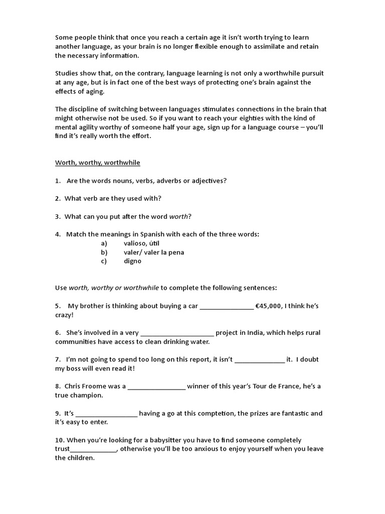 Worth Worthy Worthwhile | PDF | Verb | Adverb