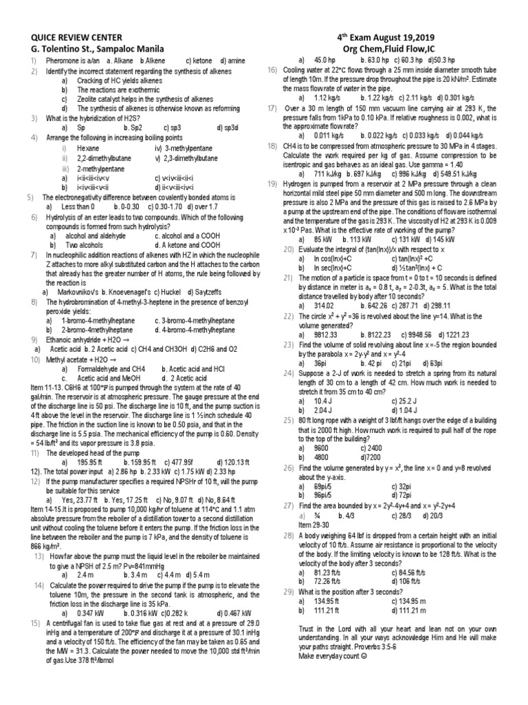 Quice Review Center 4 Exam August 19,2019 G. Tolentino ST., Sampaloc ...