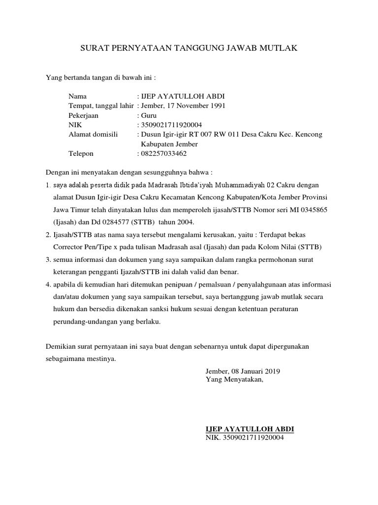 Surat Pernyataan Tanggung Jawab Mutlak | PDF