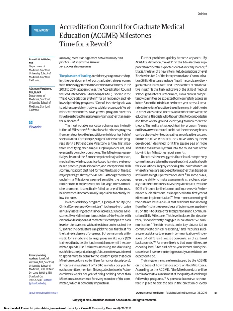 Accreditation Council For Graduate MedicalEducation (ACGME) Milestones ...