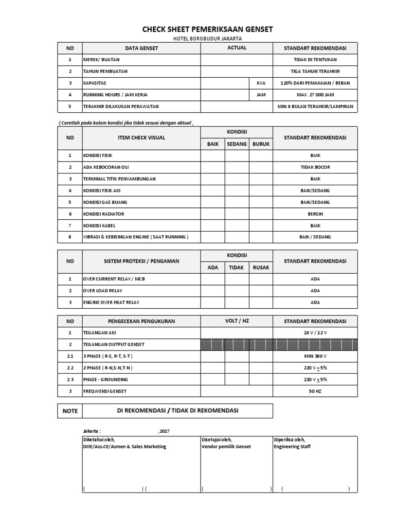 Check Sheet Genset Vendor | PDF