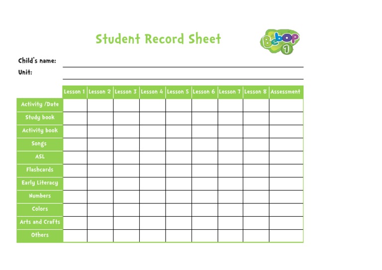 Student Record Sheet: Child's Name: Unit | PDF