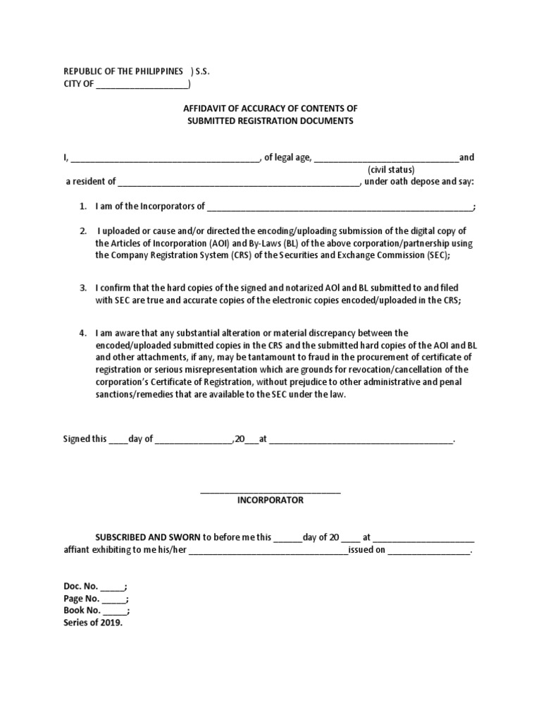 Affidavit of Accuracy of Contents of Submitted Registration Documents ...