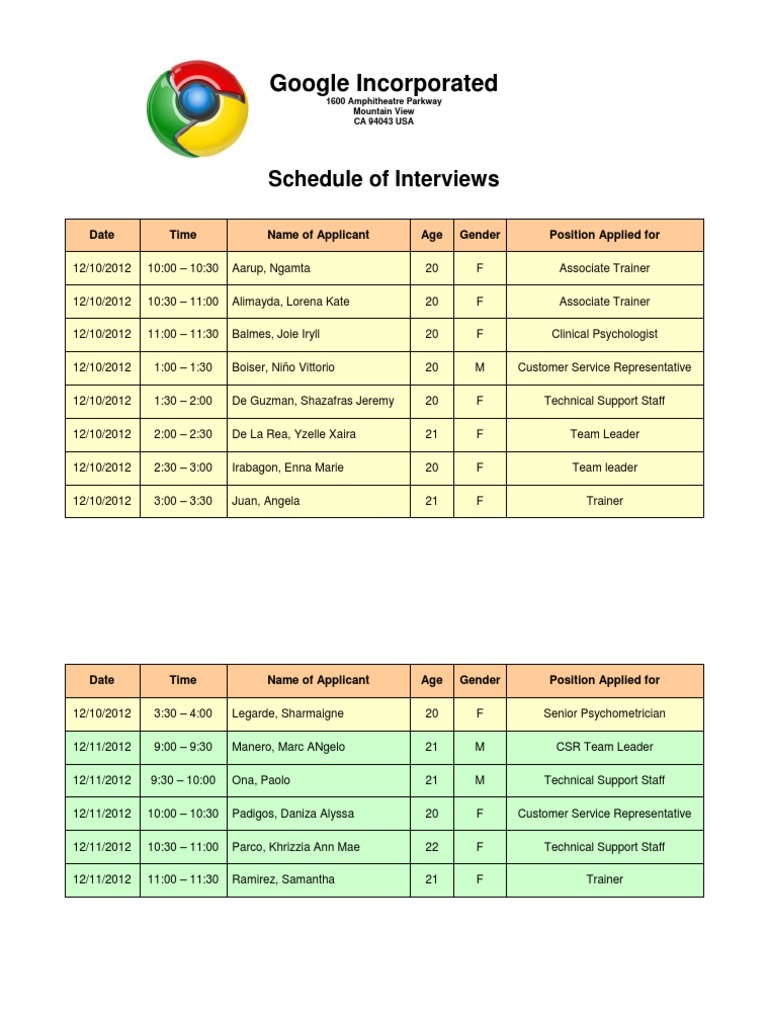Google Incorporated: Schedule of Interviews | PDF