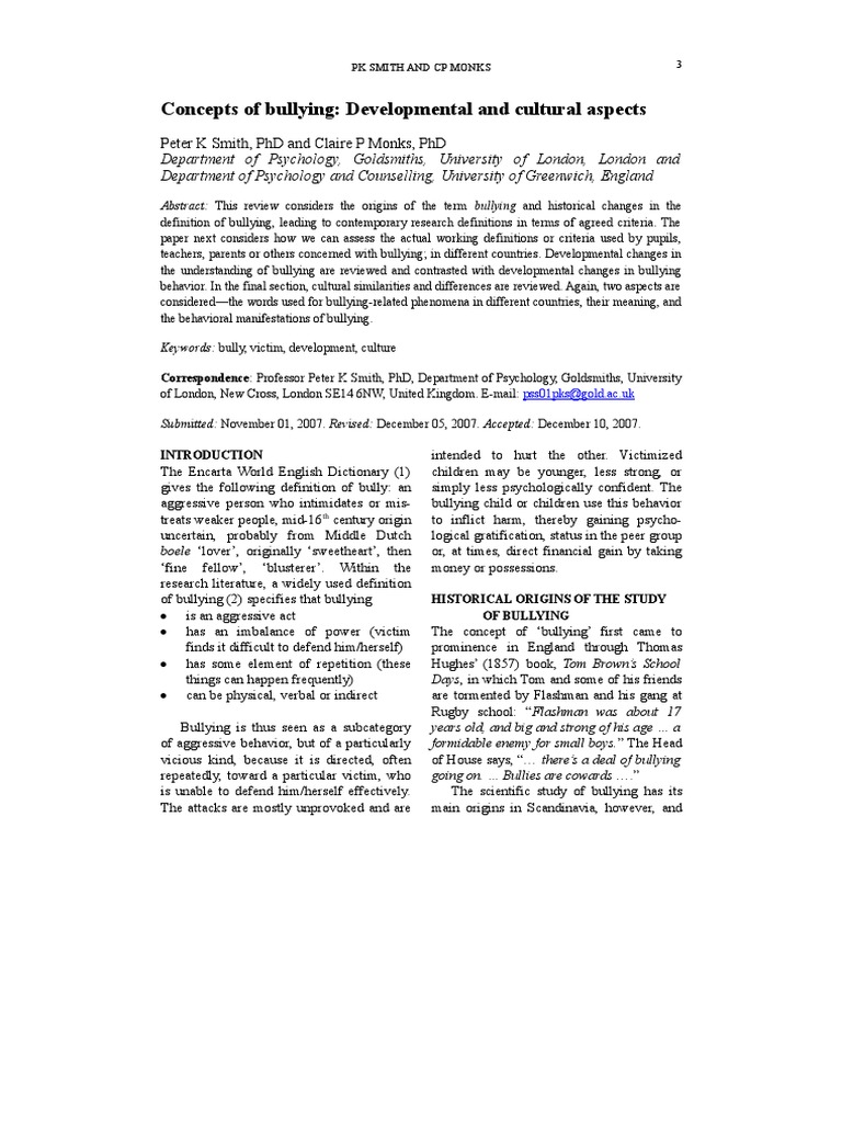 Concepts of Bullying: Developmental and Cultural Aspects | PDF ...