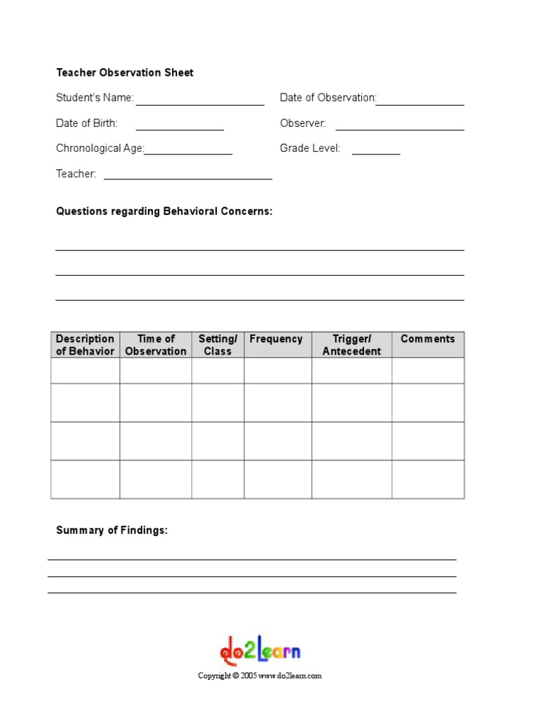 Teacher Observation Sheet | PDF