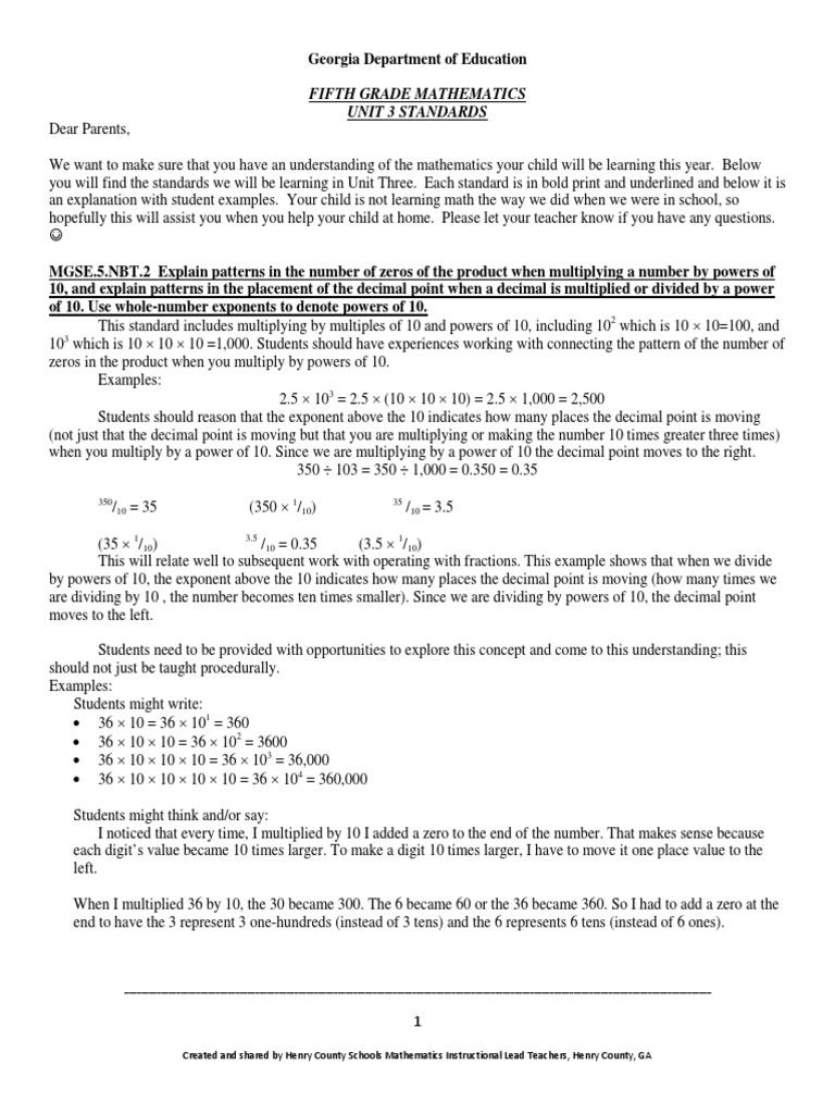 Unit 3 5th Grade Parent Letter | PDF | Fraction (Mathematics ...