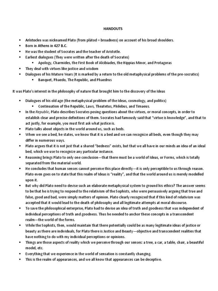 Plato Handouts | PDF | Plato | Socrates