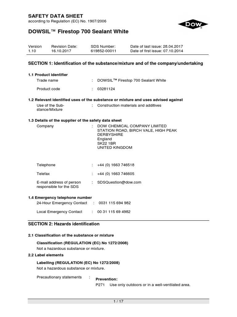DOWSIL Firestop 700 Sealant White SDS | Download Free PDF | Toxicity | Dust