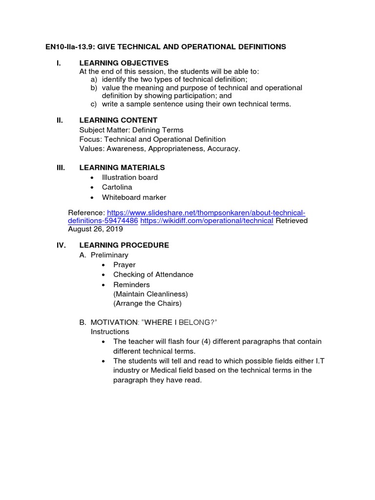 En10-Iia-13.9: Give Technical and Operational Definitions I. Learning ...