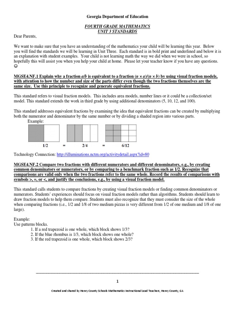 Unit 3 Math-Parent Letter-4th Grade | PDF | Fraction (Mathematics ...