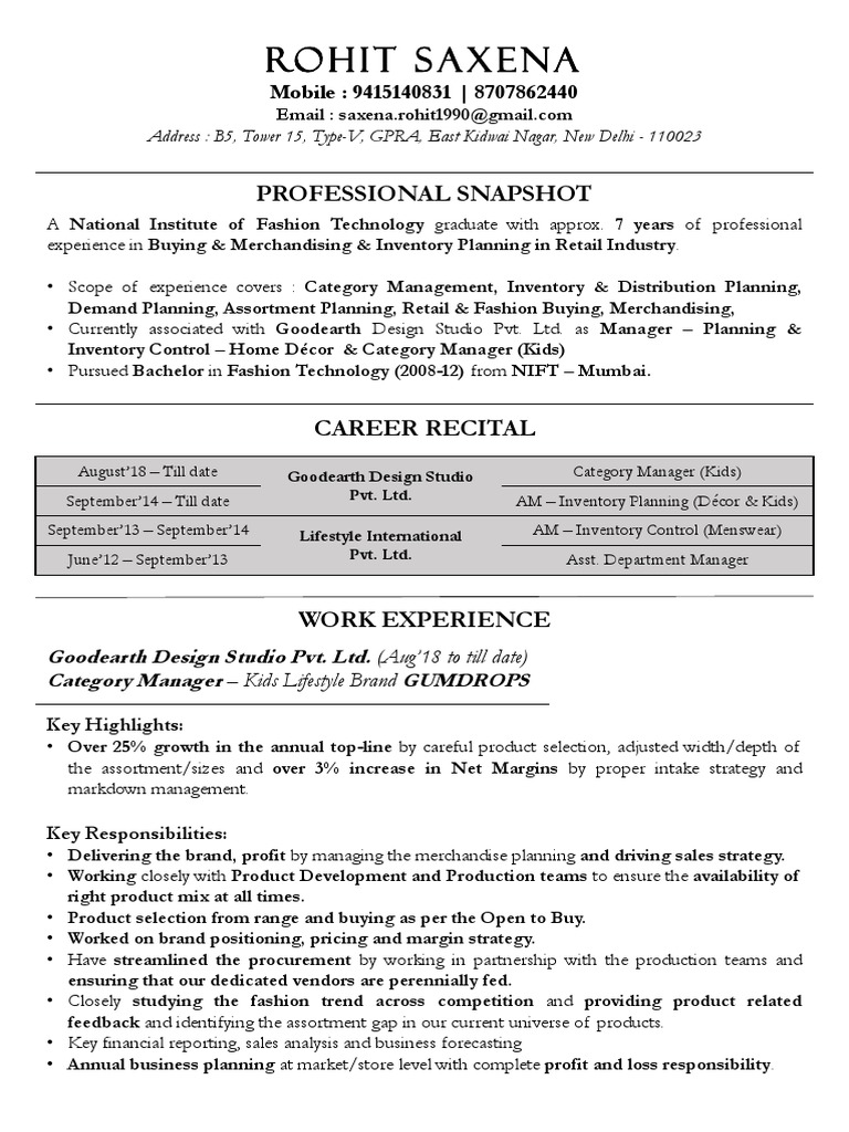 Rohit Saxena: Professional Snapshot | PDF | Inventory | Retail