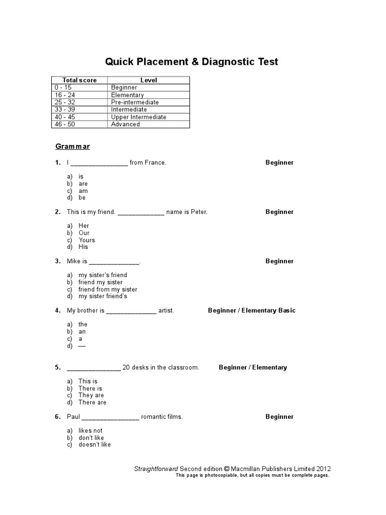 Quick Placement & Diagnostic Test: Grammar | PDF