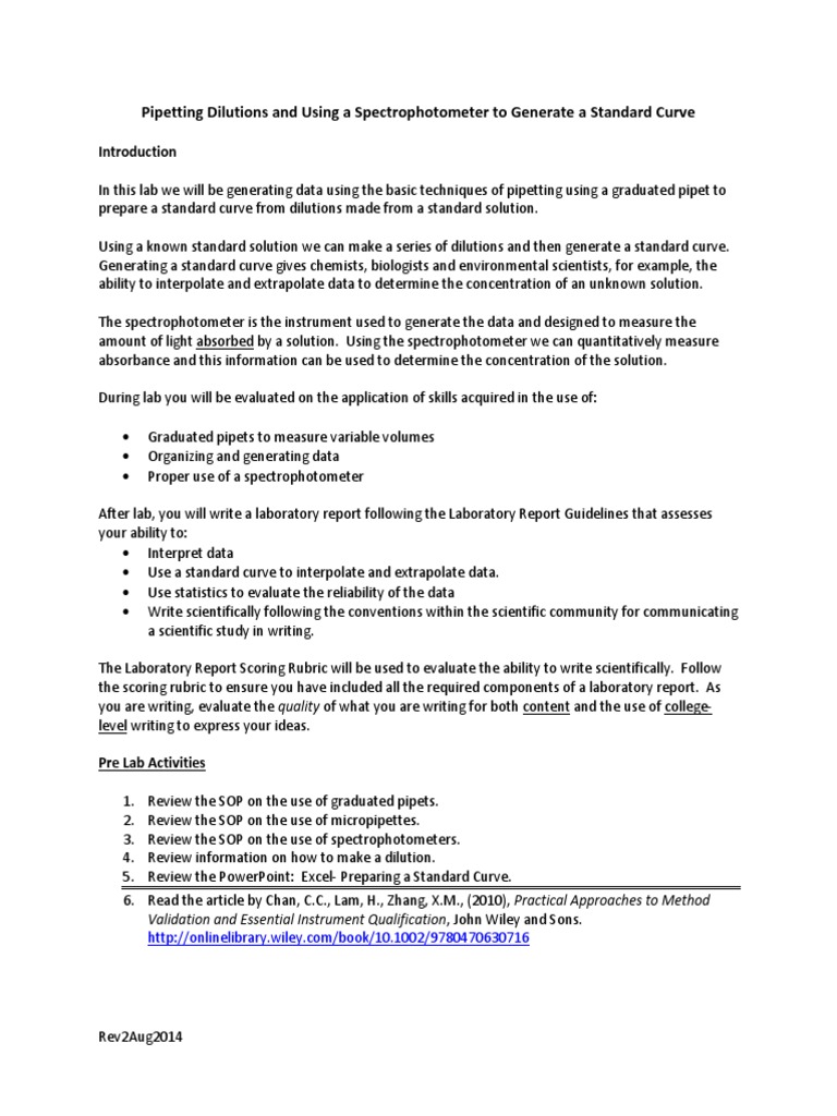 Pipetting Dilutions and Using A Spectrophotometer To Generate A ...