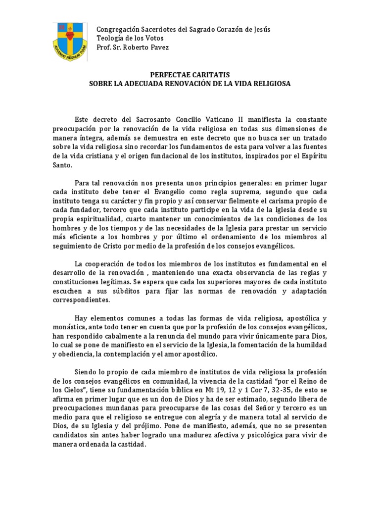 PERFECTAE CARITATIS - Informe de Lectura | PDF | Iglesia Católica | Evangelios