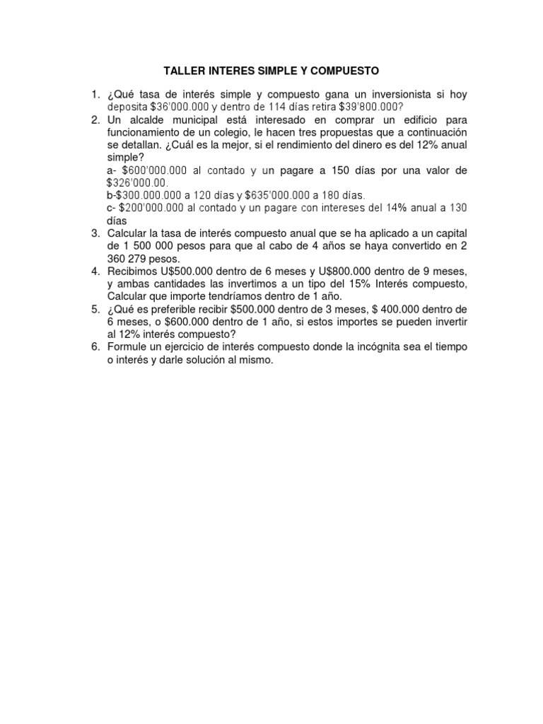 TALLER INTERES SIMPLE Y COMPUESTO Nota 2 | PDF | Interés | Economias