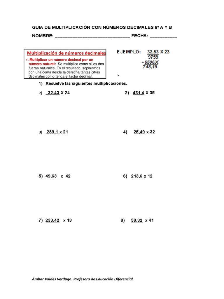 Guia de Multiplicaciòn Con Nùmeros Decimales 6º A y B | PDF