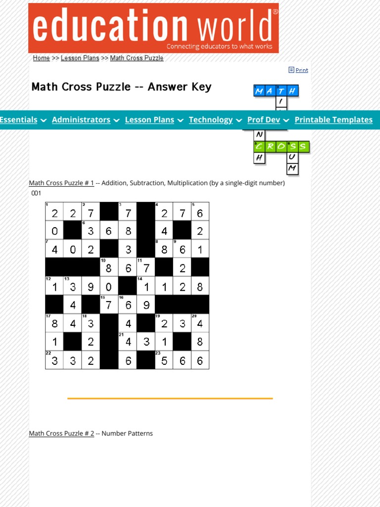 Math Cross Puzzle - Education World | PDF