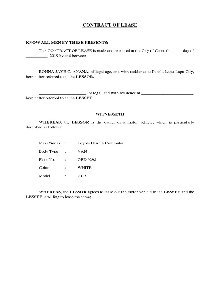 Contract for the Lease of a 2017 Toyota Hiace Van from Ronna Jaye C ...