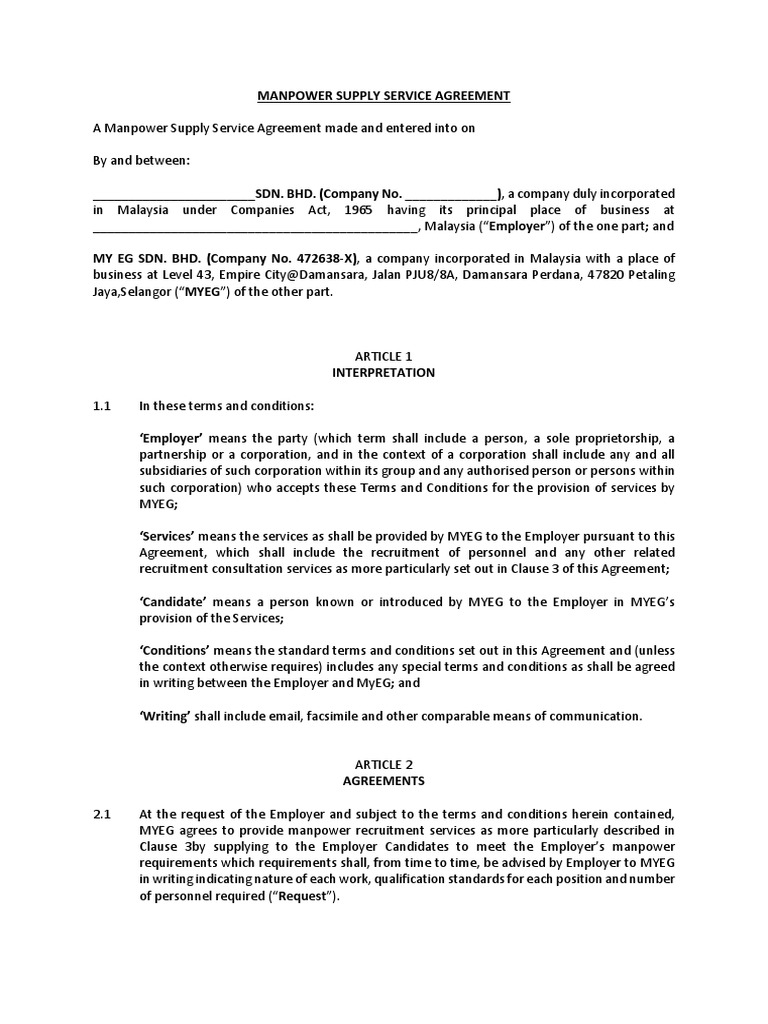 Sample For Manpower Supply Agreement | PDF | Receivership | Employment