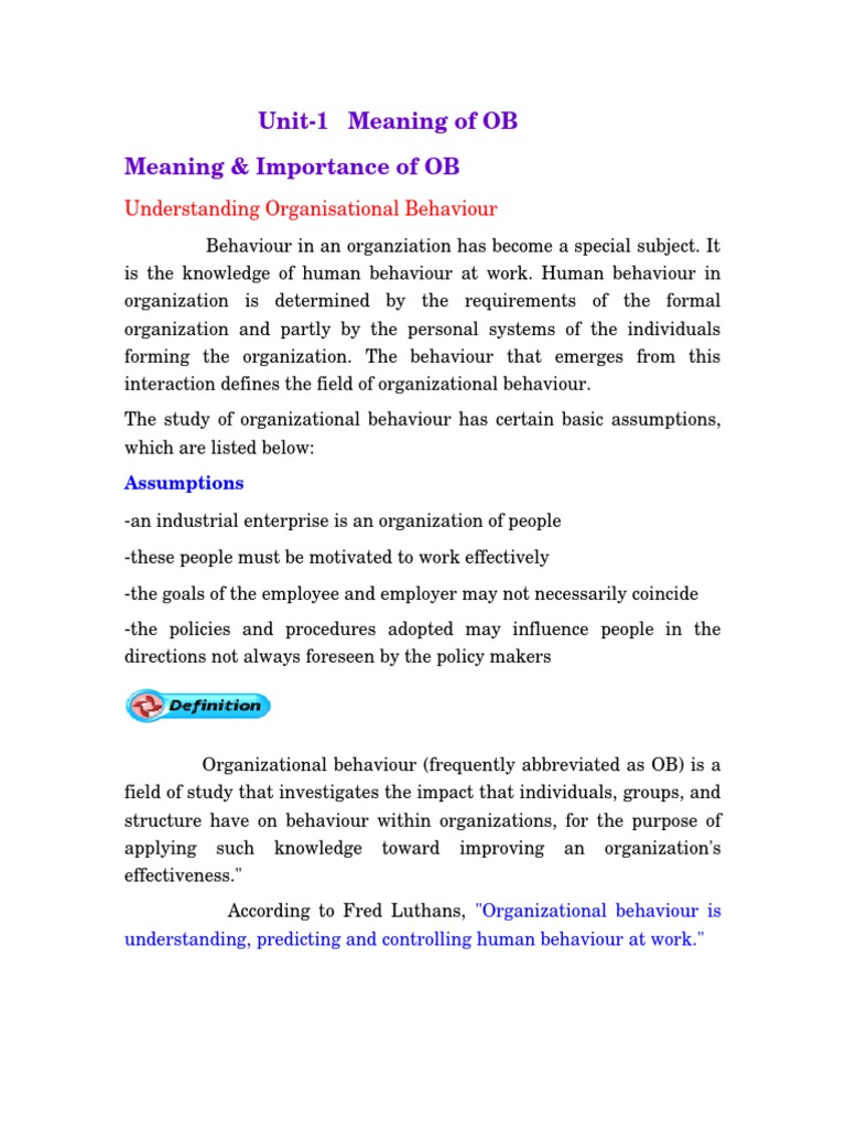 Unit 1 Meaning of OB Meaning & Importance of OB: Understanding ...