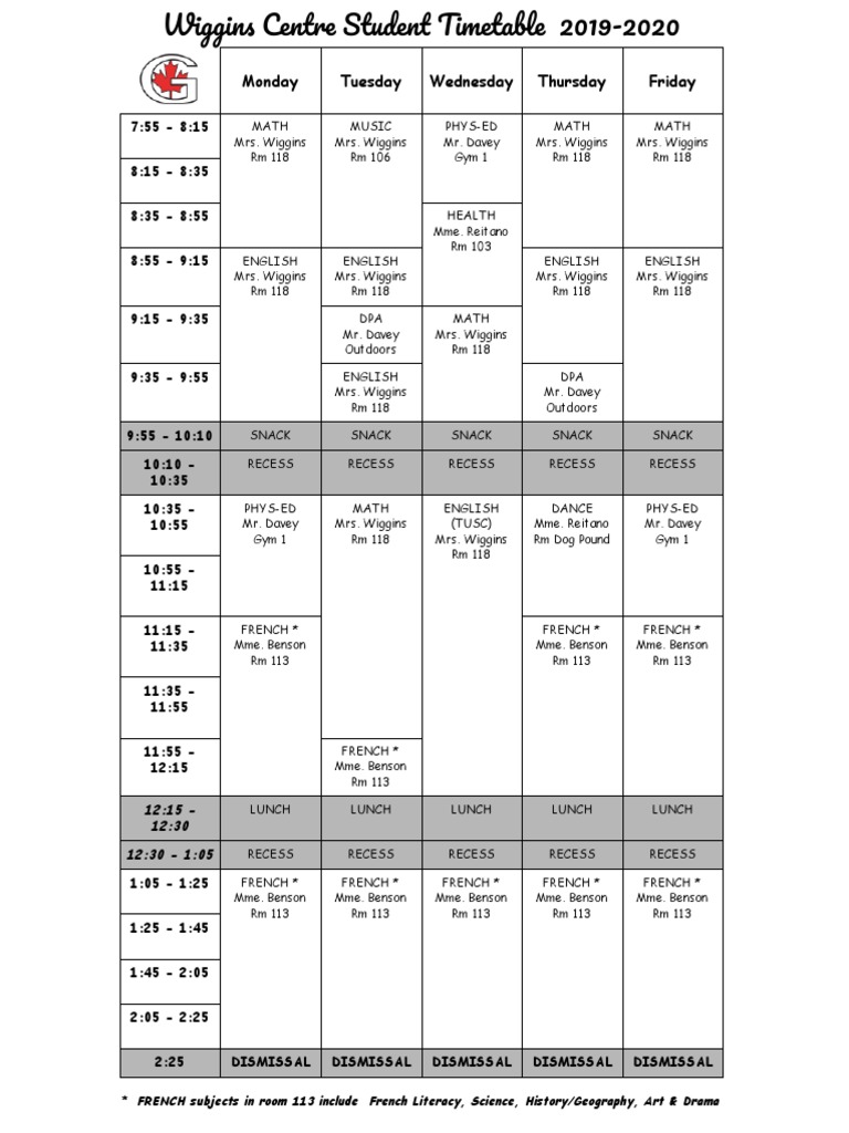 Student Timetable 2019-2020 Wiggins Centre | PDF