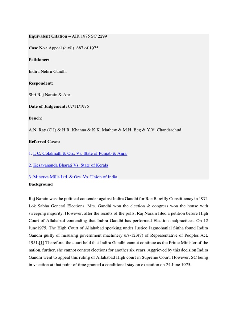 Indira Gandhi vs. Raj Narain Case Analysis | PDF | Supreme Court Of ...