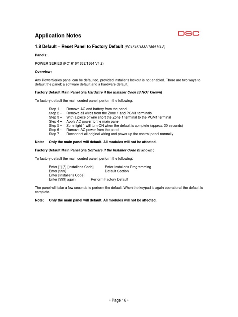 PowerSeries Panel Factory Reset Guide | PDF
