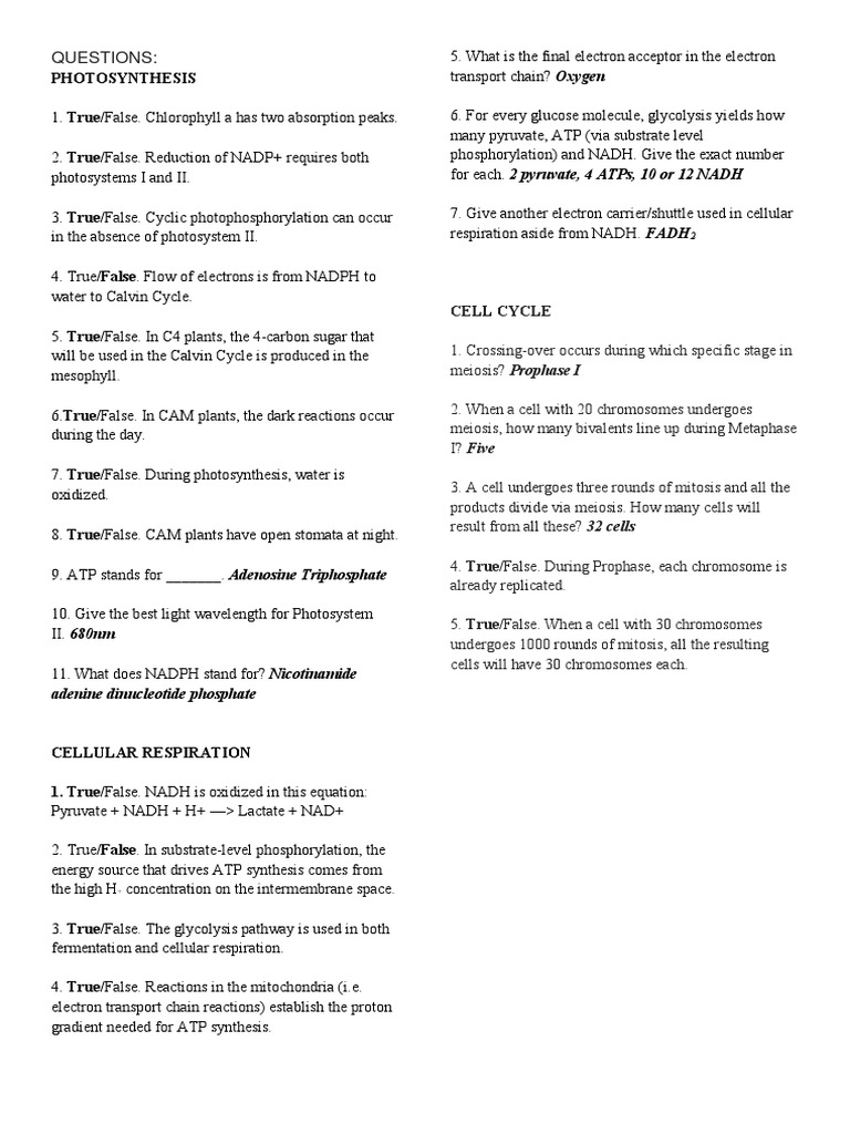 Sample Questions For Bio 11 LE1 | PDF | Cellular Respiration | Adenosine Triphosphate