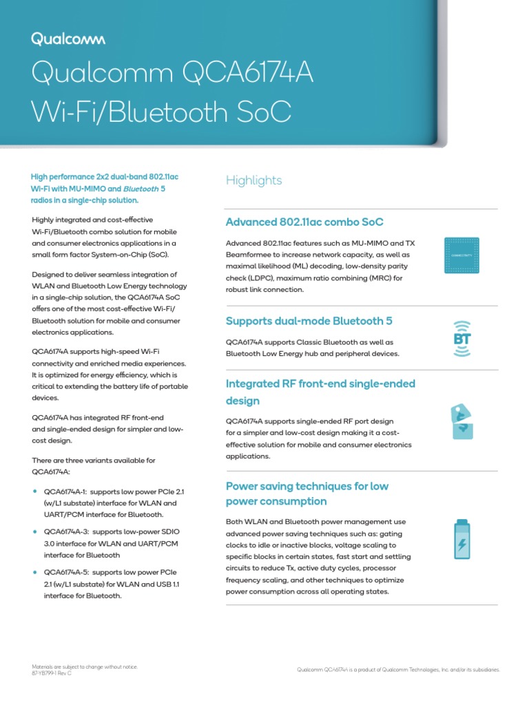 Qca6174a Product Brief | PDF | Bluetooth | System On A Chip