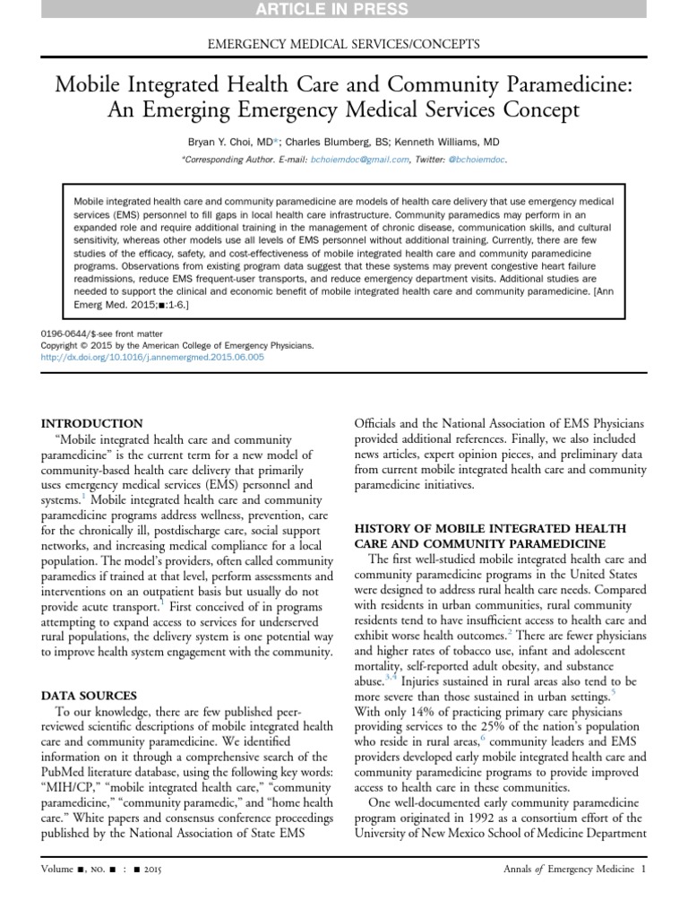 Mobile Integrated Health Care and Community Paramedicine. An Emerging ...