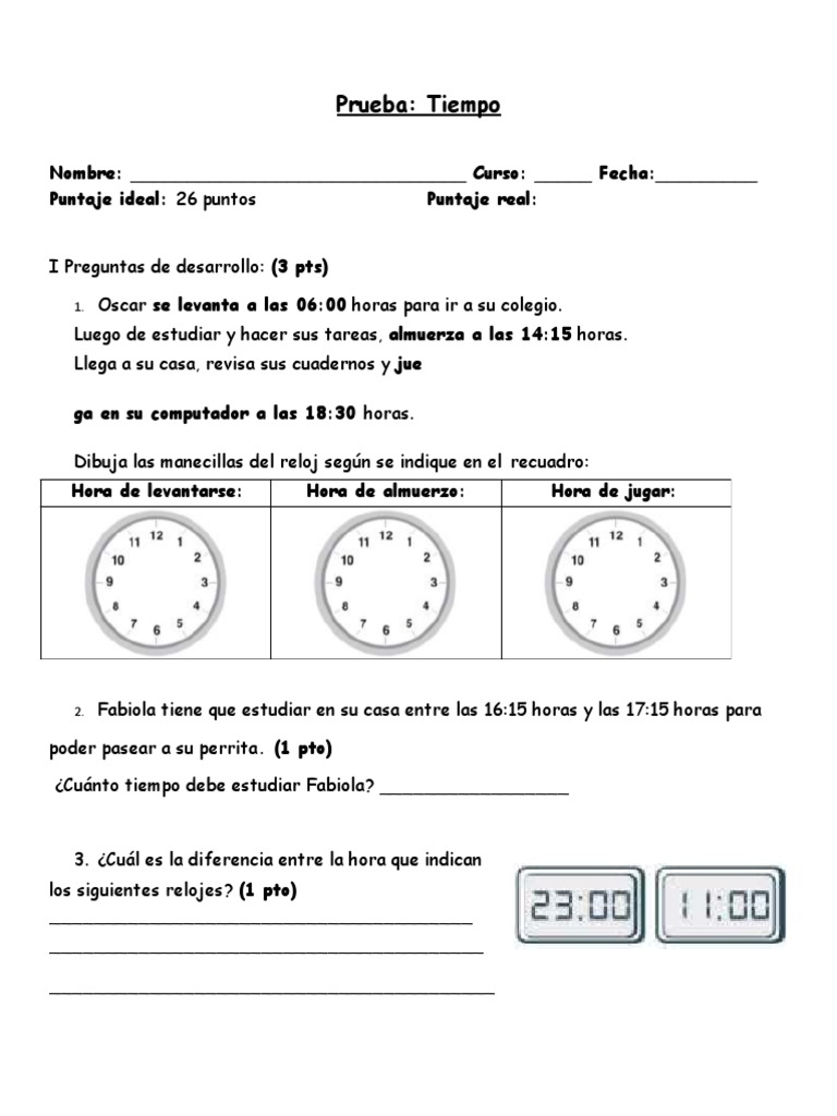 Prueba Tiempo - Tercero Basico | PDF