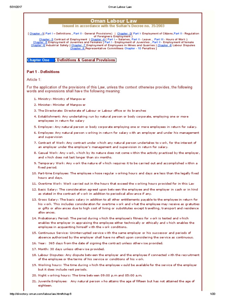 Oman Labour Law: Chapter One | PDF | Employment | Salary