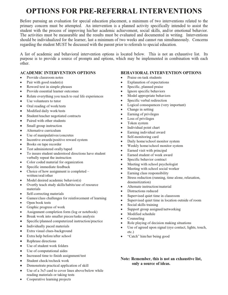 Pre-Referral Intervention Guide | PDF | Special Education | Classroom