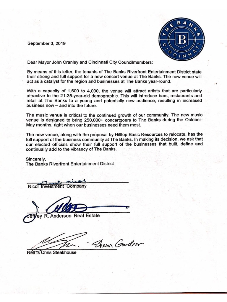 Letter To Mayor Cranley and City Council From Tenants of The Banks | PDF