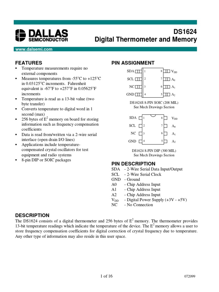 DS1624 Digital Thermometer and Memory: Features Pin Assignment | PDF | Pointer (Computer ...