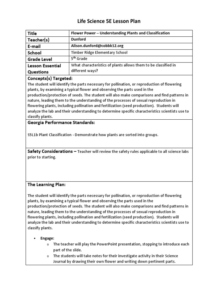 Life Science 5e Lesson Plan Flower Power | PDF | Flowers ...