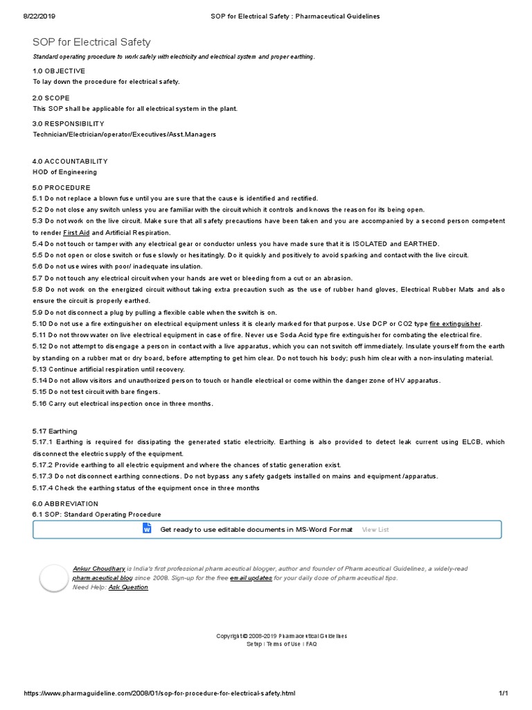 SOP On Electrical Safety | PDF | Switch | Electrician