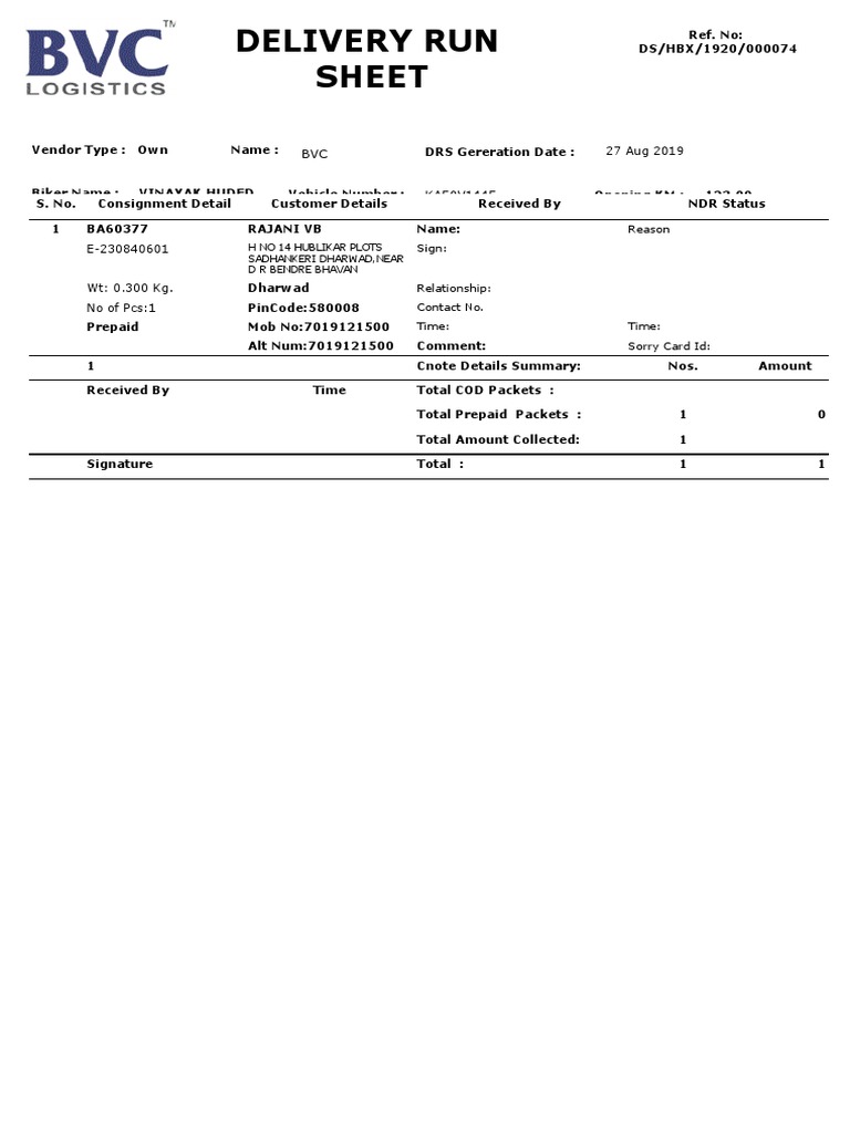 Delivery Run Sheet: BVC 27 Aug 2019 | PDF