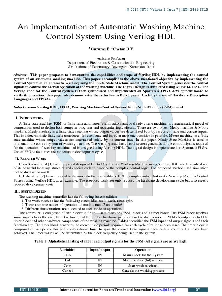 Implementation of Automatic Washing Machine Using VHDL | PDF | Hardware ...