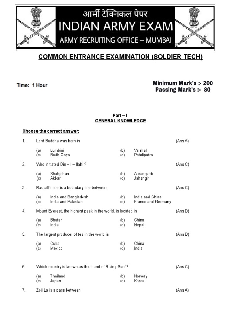 Model Test Paper - 1 FOR Common Entrance Examination (Soldier Tech ...