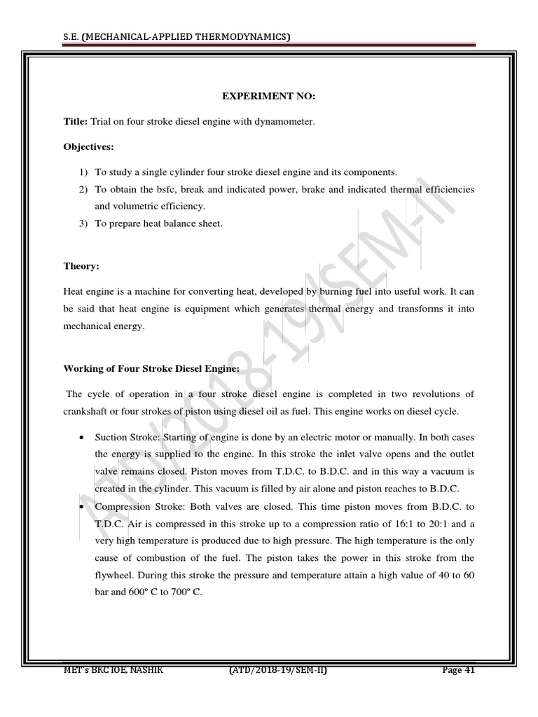 Experiment No: Title: Trial On Four Stroke Diesel Engine With ...