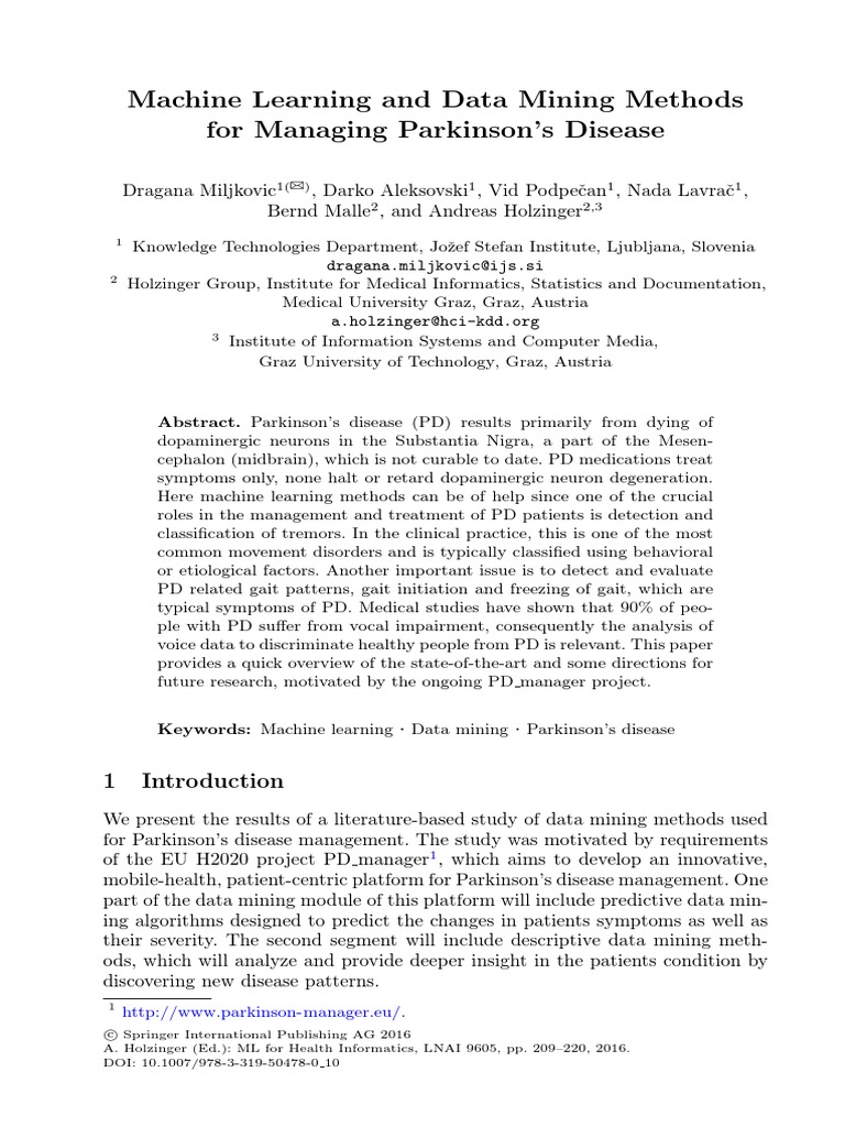 Machine Learning and Data Mining in Parkinson's Disease 2016 | Download ...