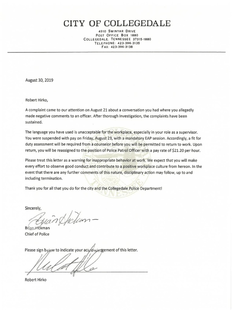 Collegedale Police Department Letter To Robert Hirko | PDF