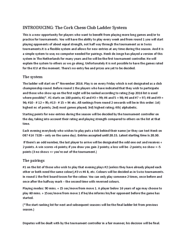 Cork Chess Club Ladder System Oct2016 | PDF | Gaming | Sports