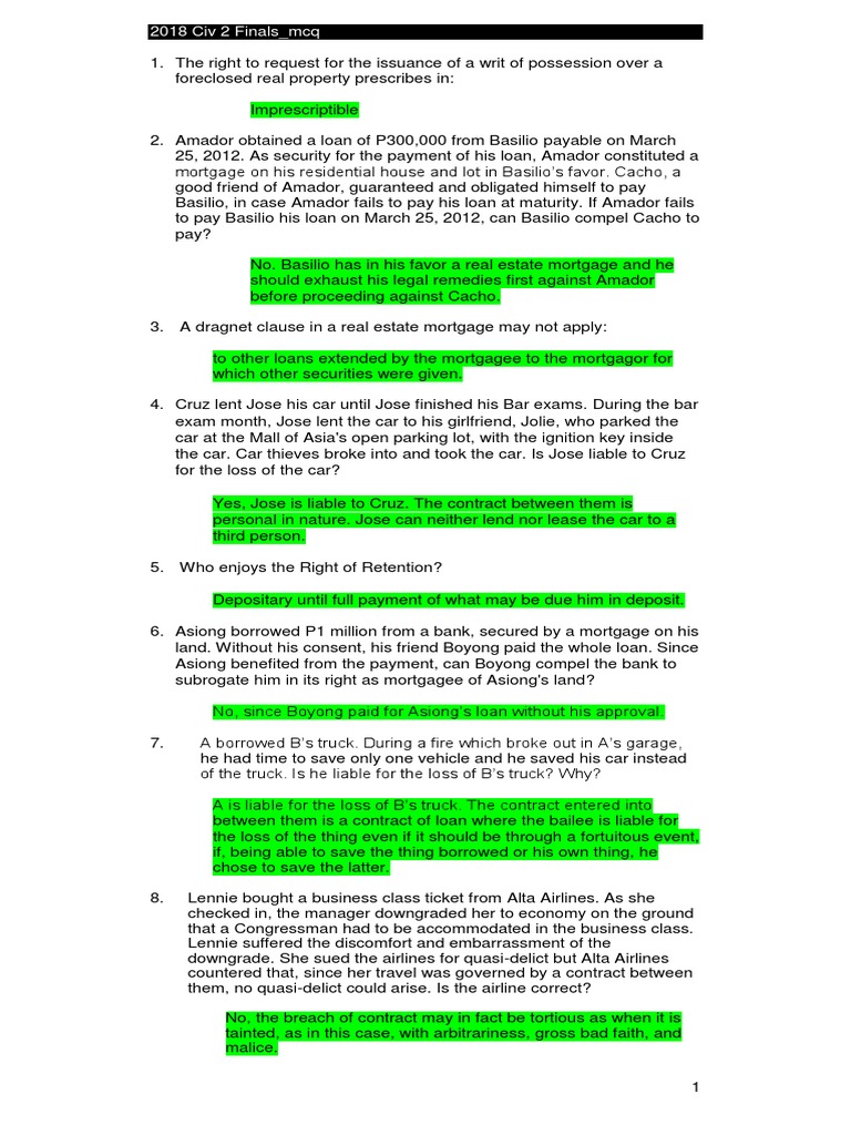 Final Exam Civil Law Review 2 Questions Copy - 1 | PDF | Mortgage Law ...