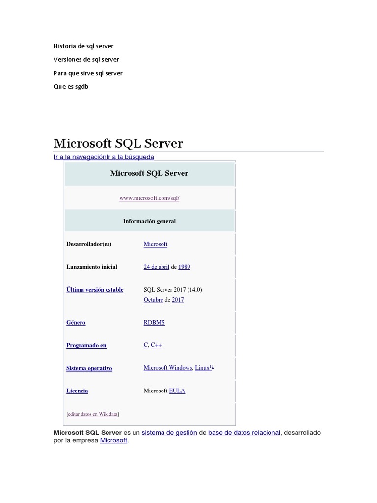 Historia de SQL Server | PDF | Servidor SQL de Microsoft | Tabla (base de datos)