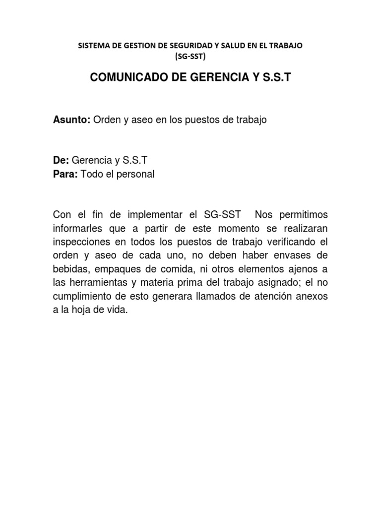Comunicado SST Orden y Aseo PDF | PDF | Crecimiento personal y profesional | Tecnología