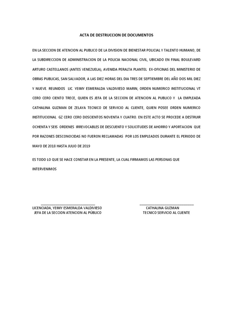 Acta de Destruccion de Documentos | PDF