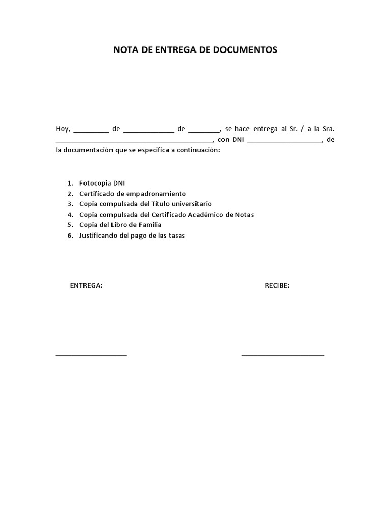 Ejemplo Nota de Entrega Documentos Word | PDF